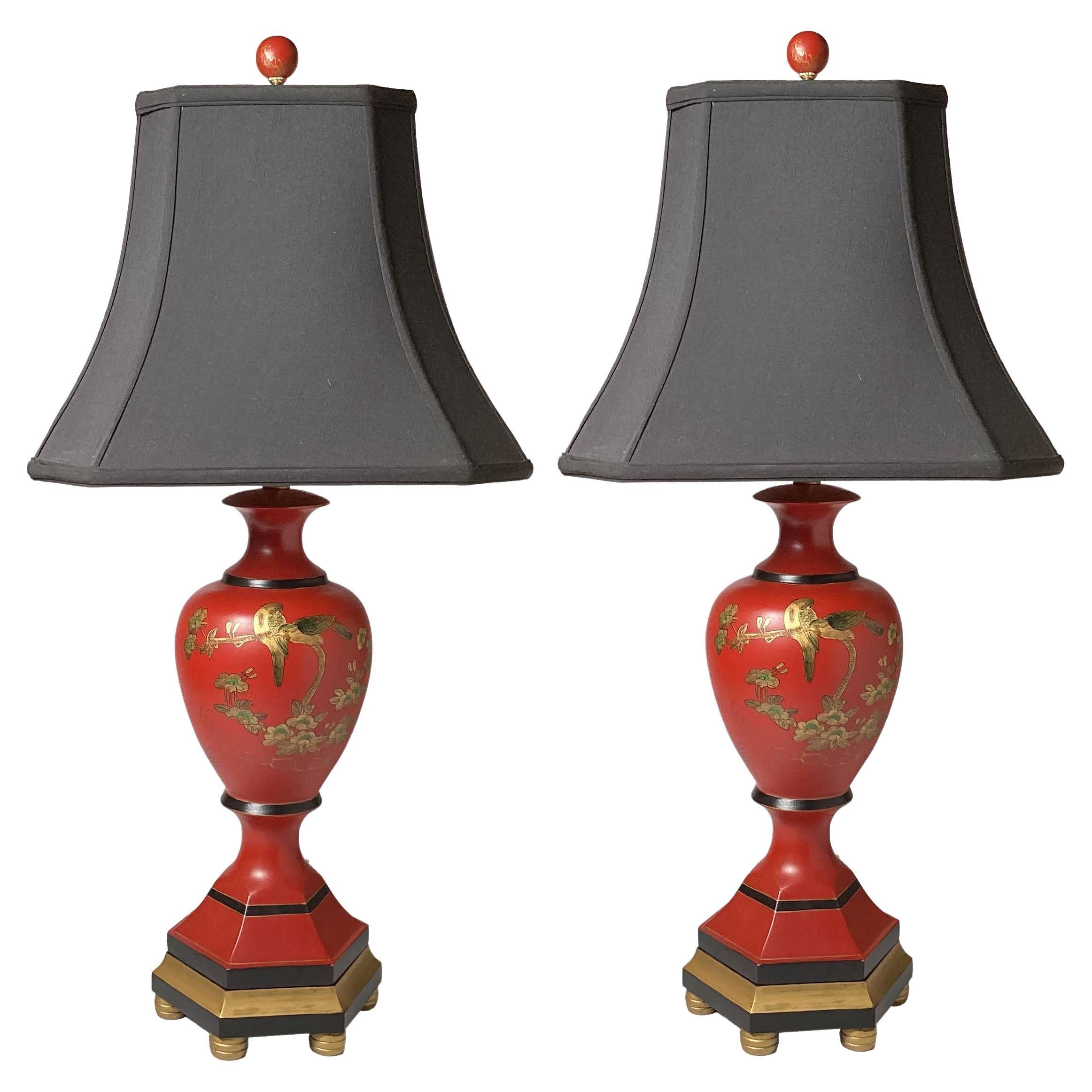 Chinoiserie Hand Painted Ceramic Table Lamps, a Pair For Sale at 1stDibs