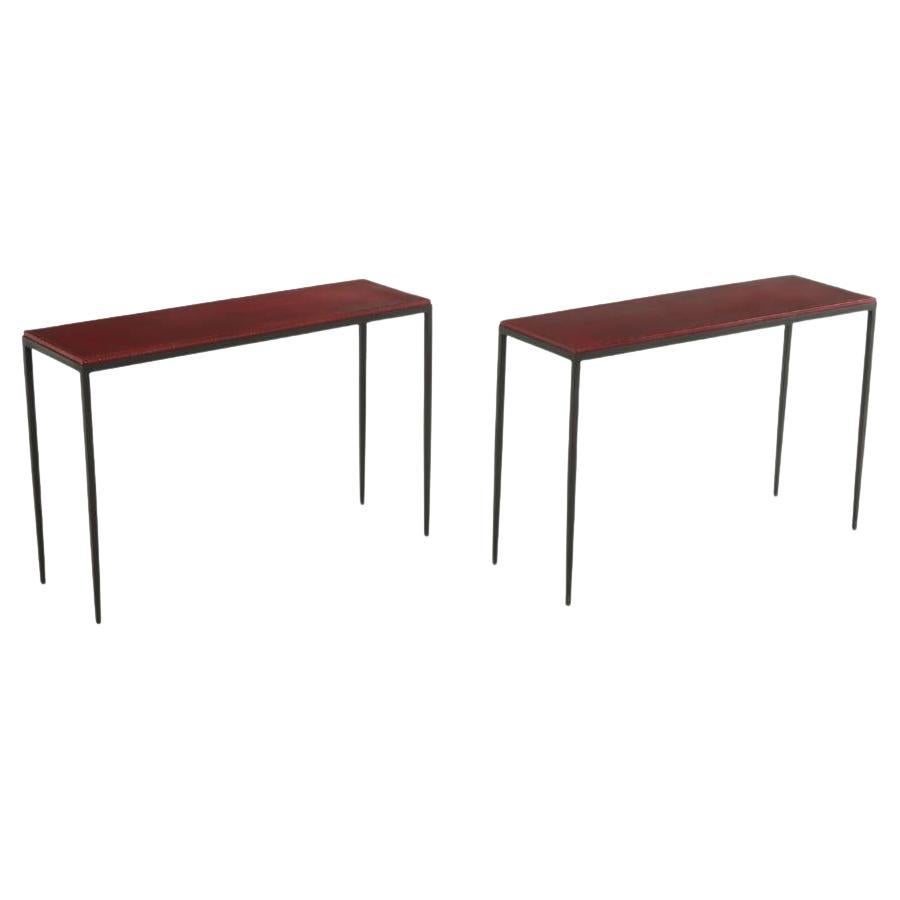 A pair of hand stiched iron and leather console tables For Sale at 1stDibs