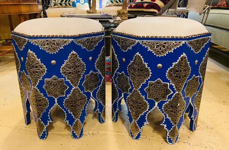 Moroccan Blue Stool or Ottoman with White Leather Top, a Pair at 1stDibs