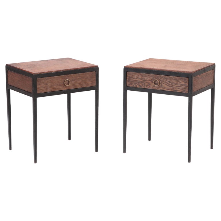 Pair of Iron Side Tables or Night Stands with Leather Tops ...