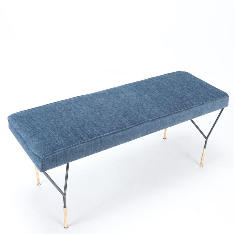 Pair of Italian Contemporary Metal and Brass Benches with Blue Cushions ...