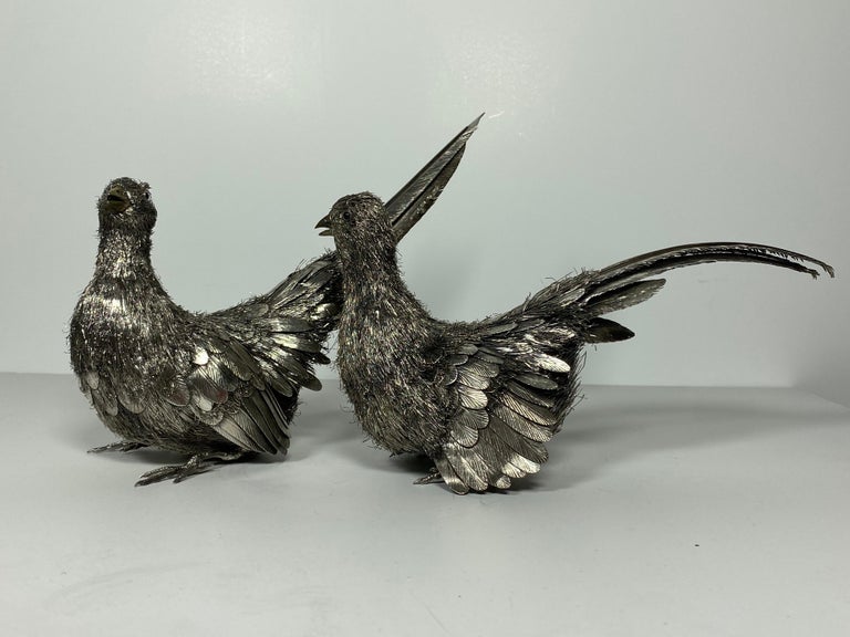 Pair of Italian Mario Buccellati Silver Furry Animals Pheasants, 1960’s ...
