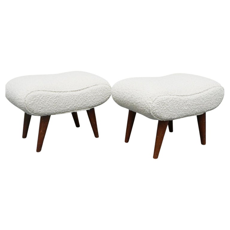 Pair of Italian Mid-Century White Boucle Upholstered Footstools at 1stDibs