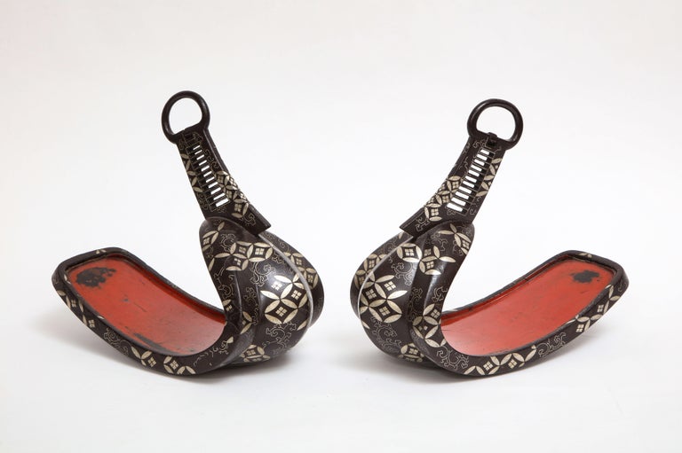 A Pair of Japanese Edo Period Iron Silver Inlaid Red Lacquered Stirrups ...