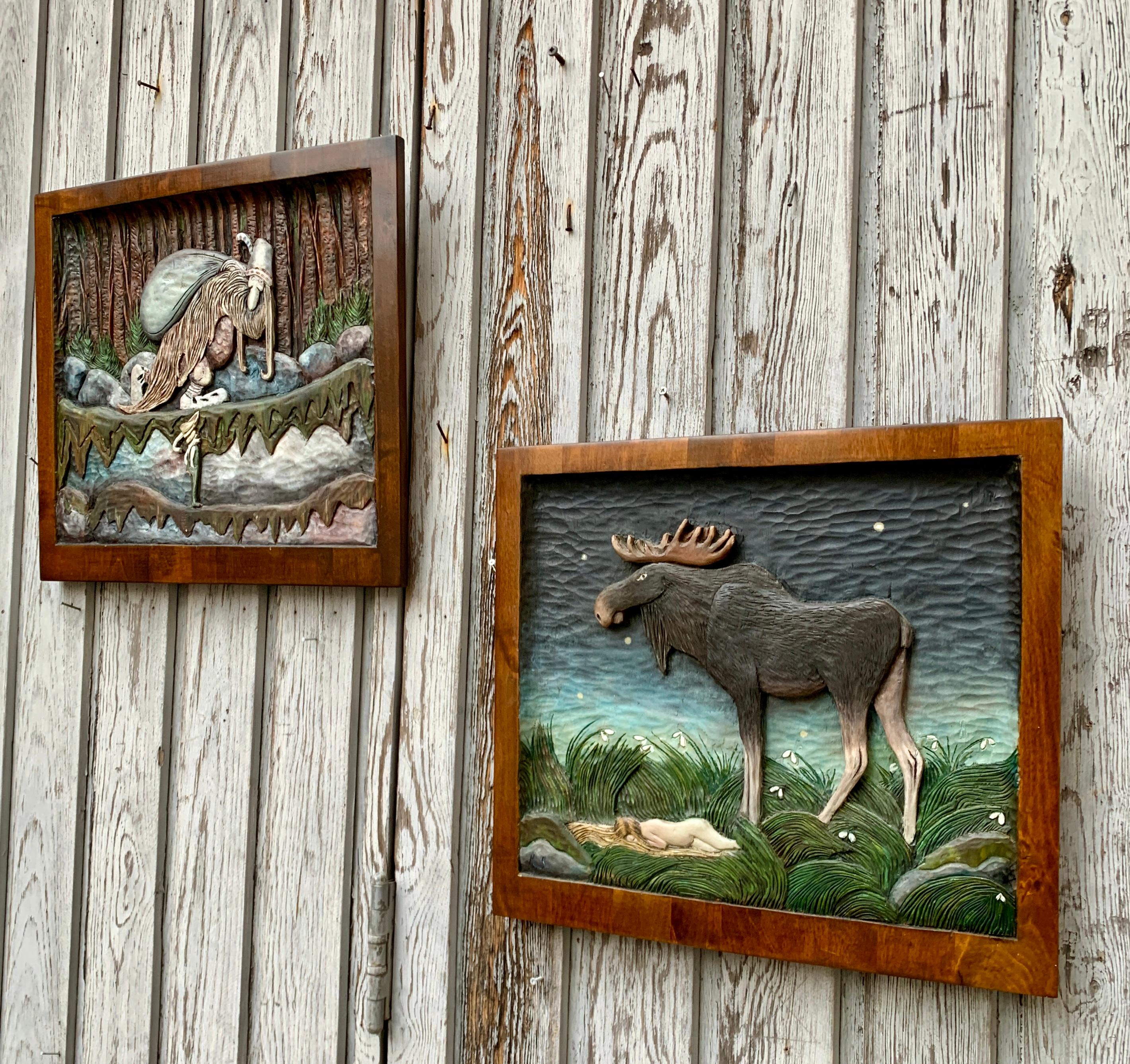 A Pair Of John Bauer Wooden Carved Wall Sculptures For Sale at 1stDibs