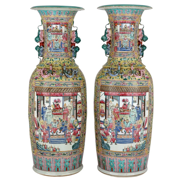 Pair of Large Canton Style Famille Jaune Porcelain Vases For Sale at ...