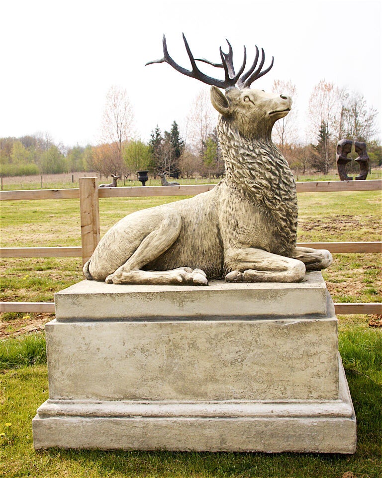 Pair of Large Composite Stone Recumbent Stags on Plinths, 21st Century ...