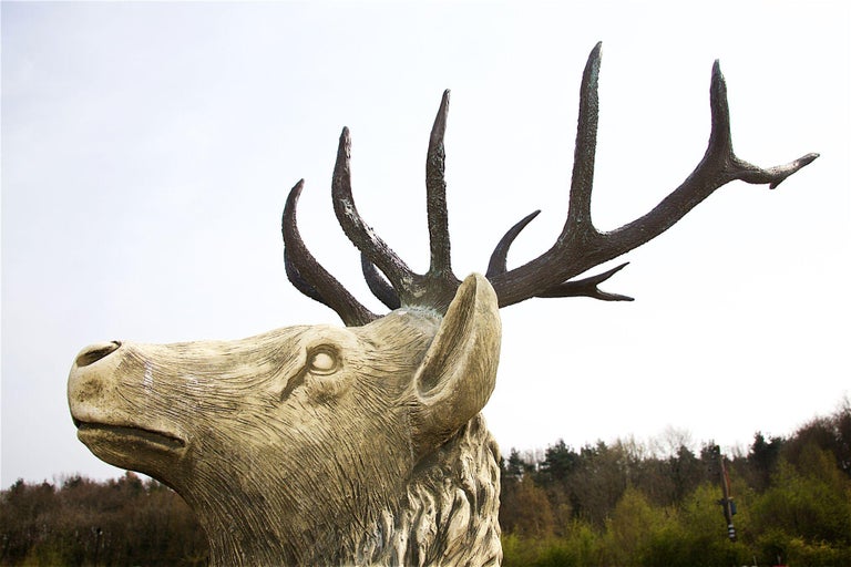Pair of Large Composite Stone Recumbent Stags on Plinths, 21st Century ...