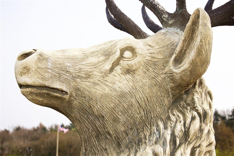 Pair of Large Composite Stone Recumbent Stags on Plinths, 21st Century ...