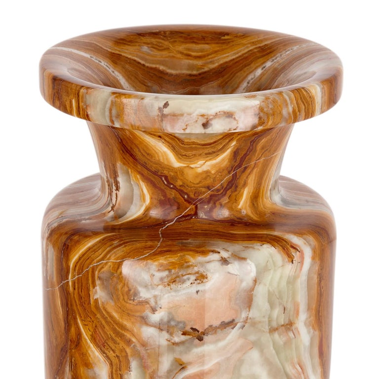 Pair of Large Decorative Vases in Red and Green Onyx For Sale at 1stDibs