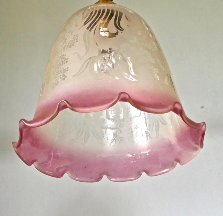 Pair of Large Glass Ceiling Lights Etched, Pink and Clear Pendant ...