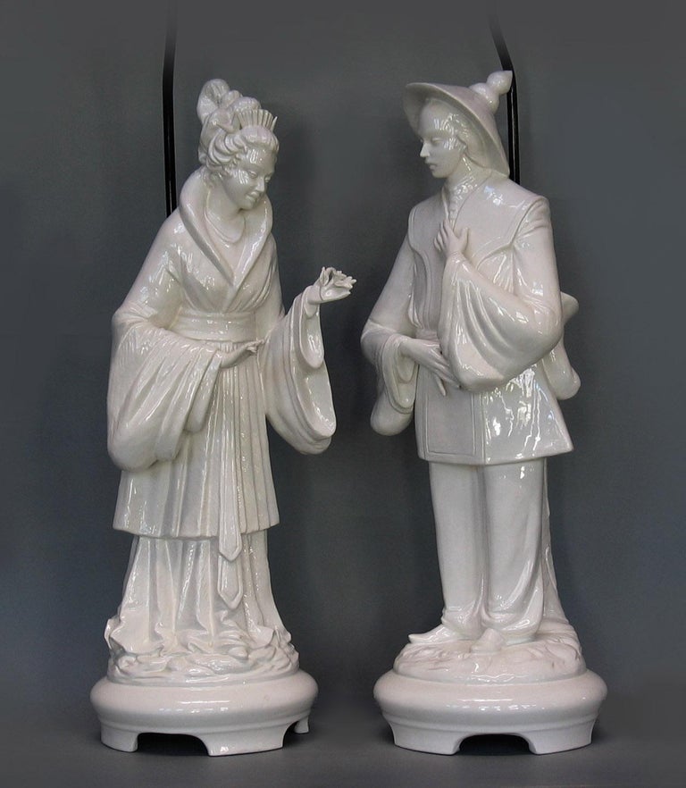 Pair of Large Italian 'Blanc De Chine' Figural Lamps For Sale at 1stDibs
