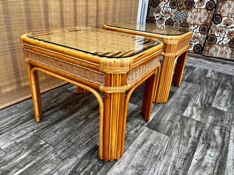 Pair of Large Late 20th Century Coastal Style Weaved Rattan Side Tables ...