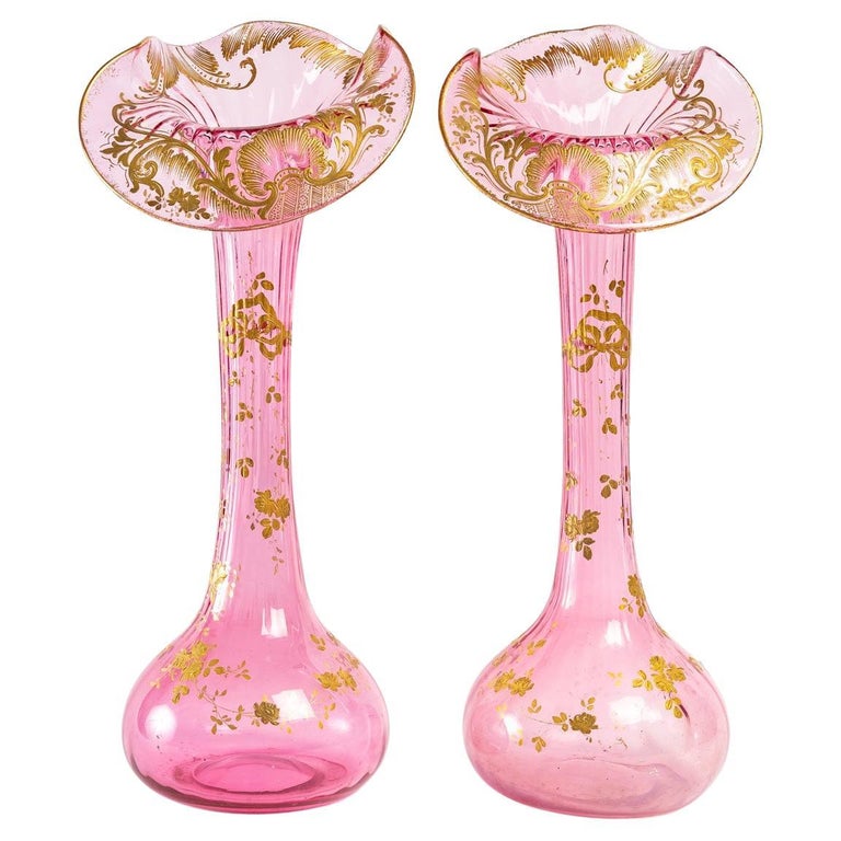 Pair of Large Pink Crystal Tulip Vases, 19th Century For Sale at 1stDibs