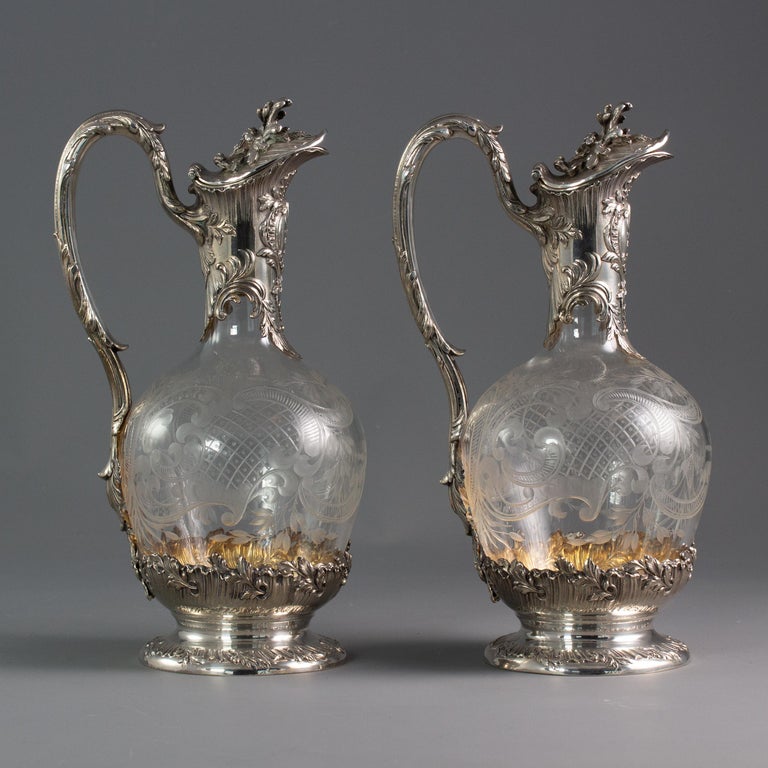 Pair of Late 19th Century French Silver and Crystal Claret Jugs, 1880 ...