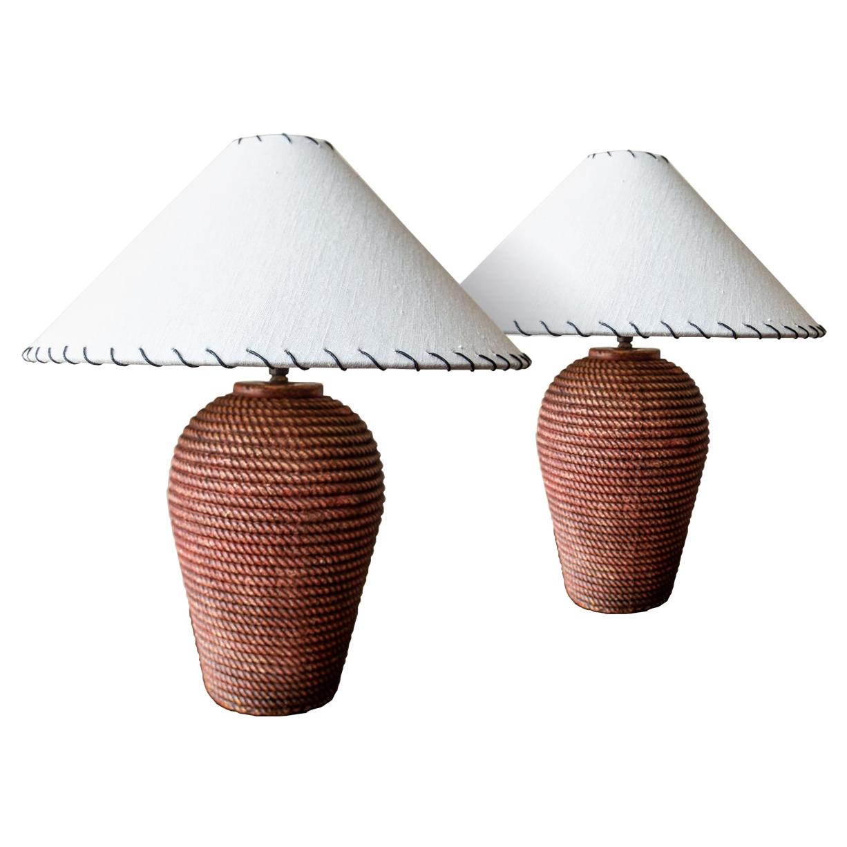 Pair of Late Deco Rope Thread Terracotta Table Lamps, c1940 at 1stDibs