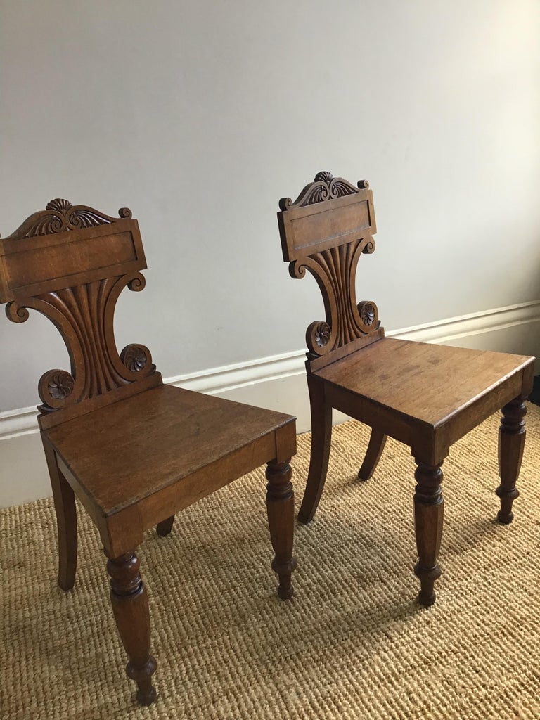 Pair of Late Regency Oak Hall Chairs For Sale at 1stDibs