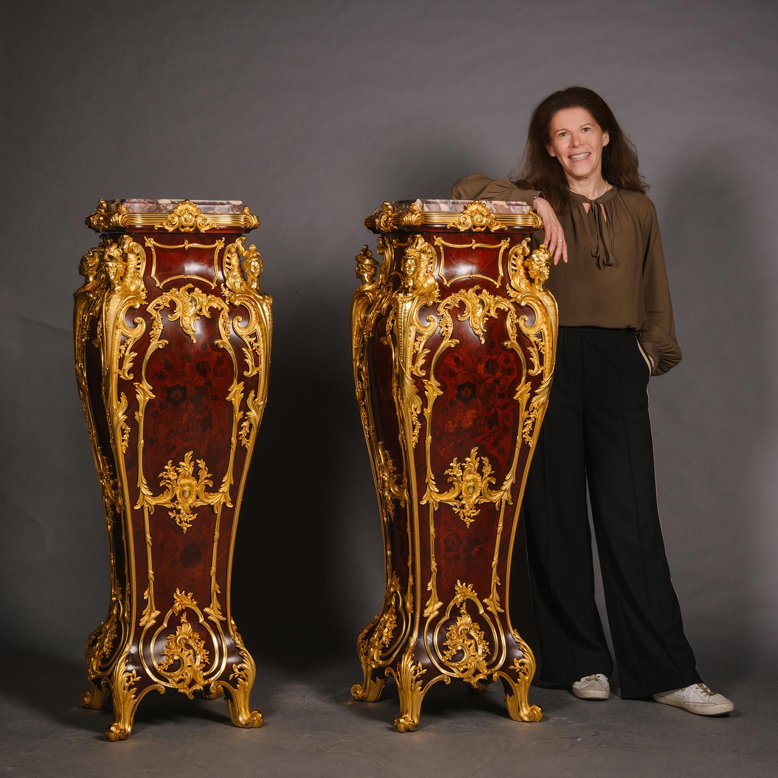 A Pair of Louis XV Style Gilt-Bronze Mounted Marquetry Pedestals For ...
