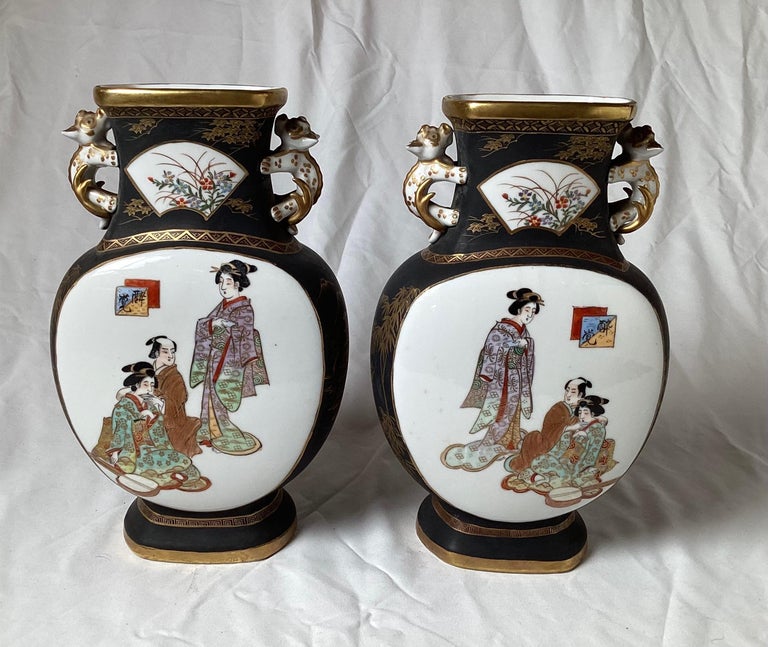 Pair of Meiji Period Japanese Hand Painted Moon Vases For Sale at 1stDibs