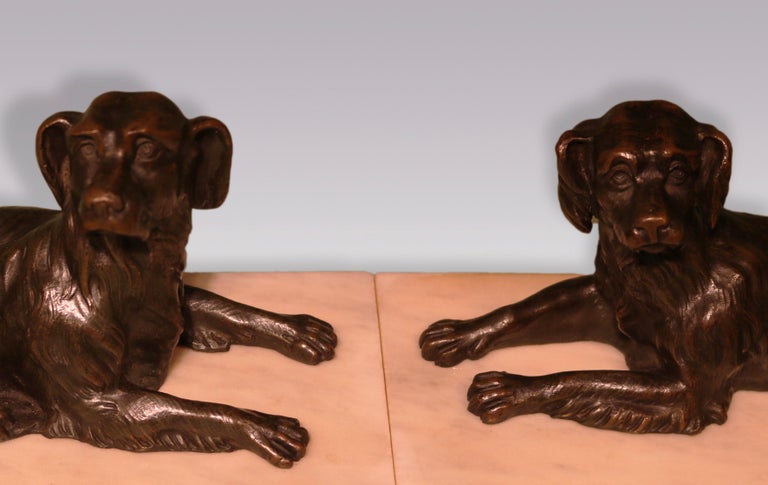 A pair of mid 19th century bronze dogs on marble bases For Sale at 1stDibs