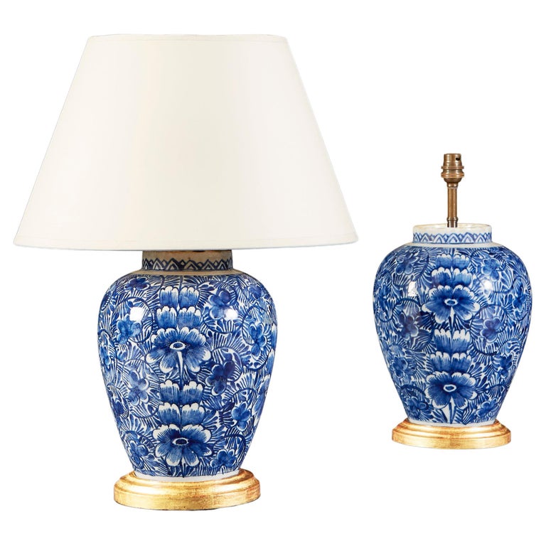 Pair of Mid 19th Century Delft Lamps with Foliate Designs at 1stDibs