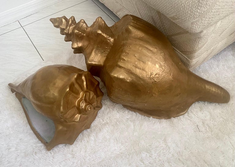 Pair of Midcentury Large Golden Ceramic Conch Shells For Sale at 1stDibs