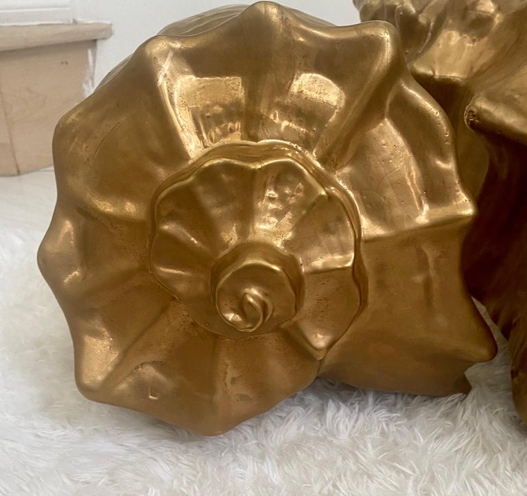 Pair of Midcentury Large Golden Ceramic Conch Shells For Sale at 1stDibs