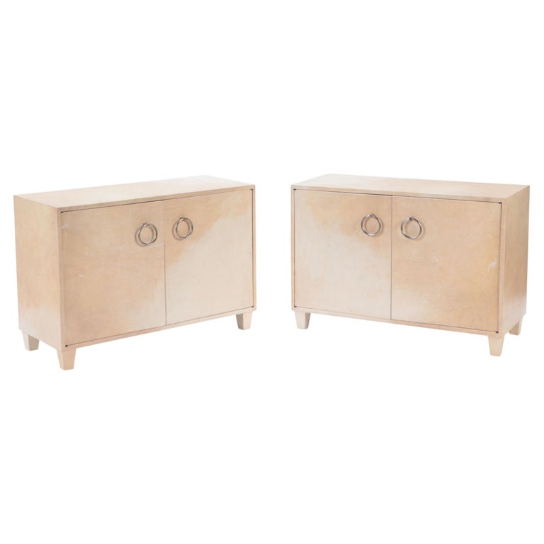 Pair of Mid-Century Modern Parchment Covered Cabinets with Brass ...