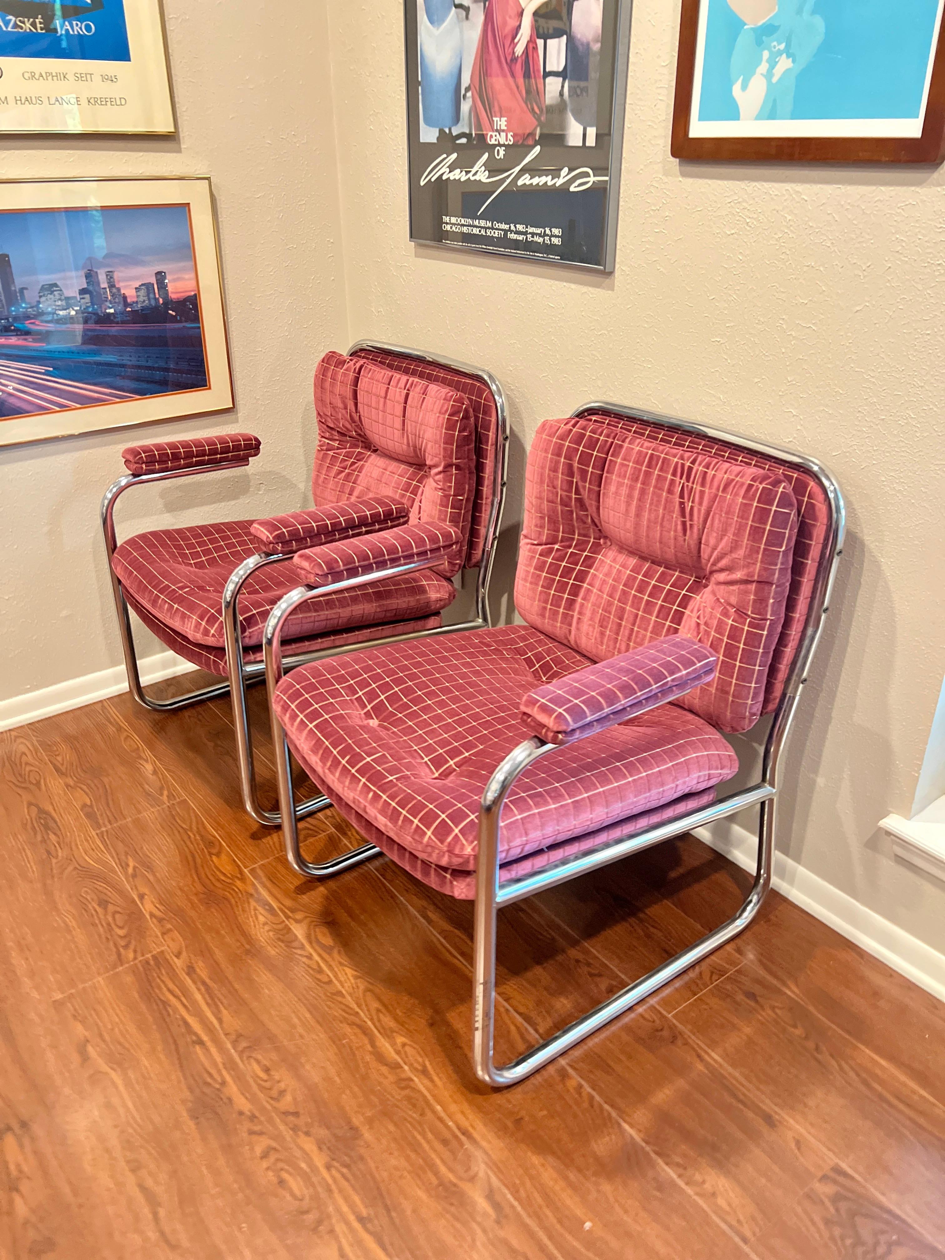 Pair of Mid-Century Modern Tubular Vintage Arm Chairs in Checker Wine ...