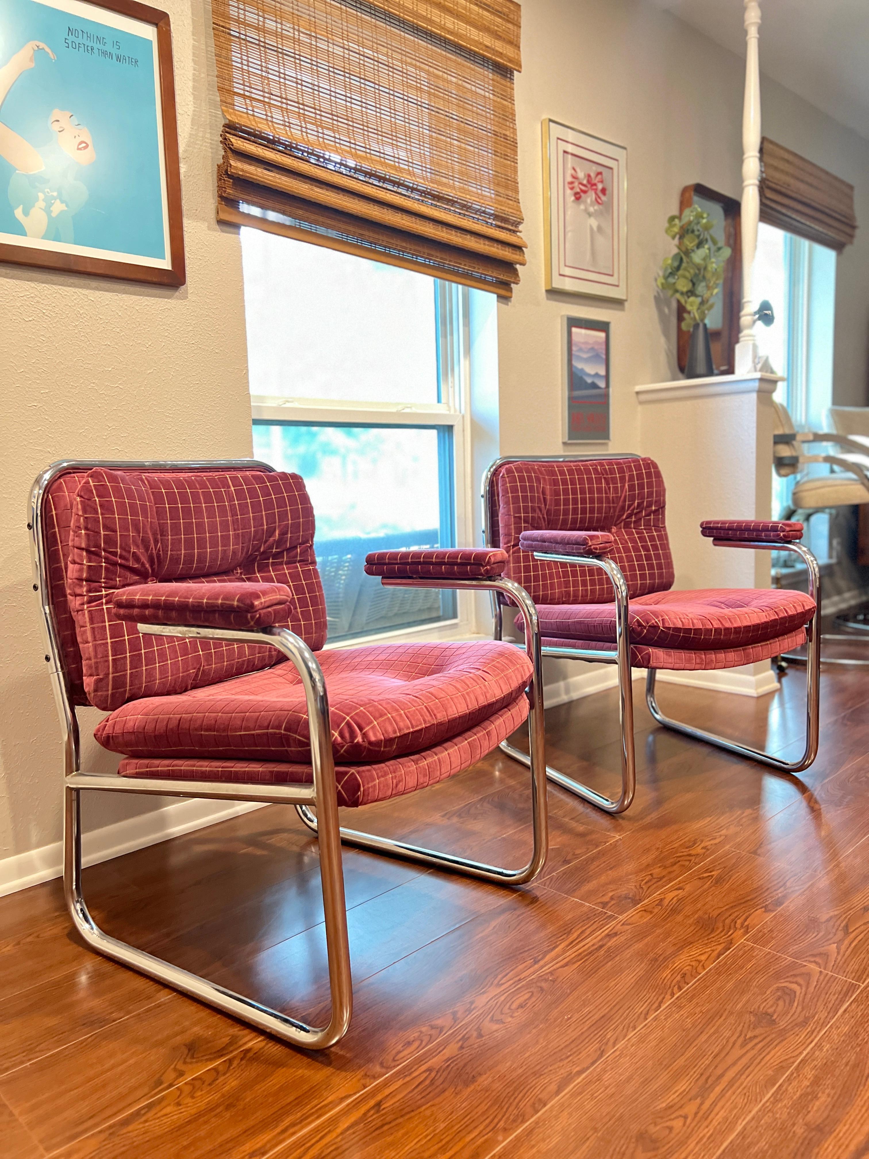 Pair of Mid-Century Modern Tubular Vintage Arm Chairs in Checker Wine ...