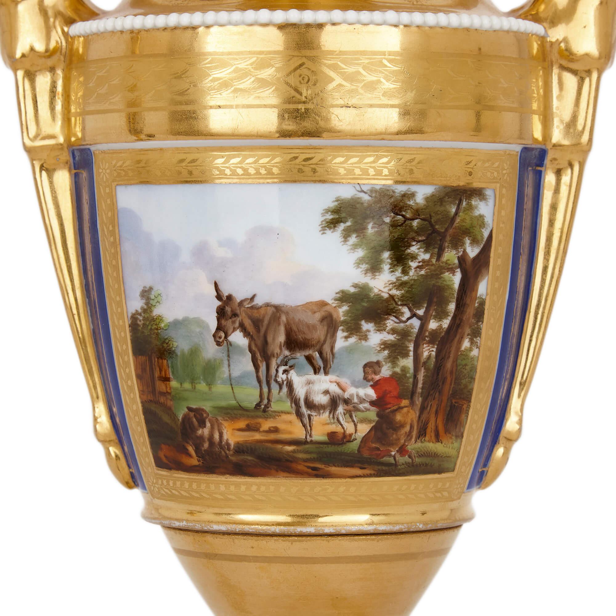 Pair of Neoclassical Paris Porcelain Two-Handled Oviform Vases at 1stDibs