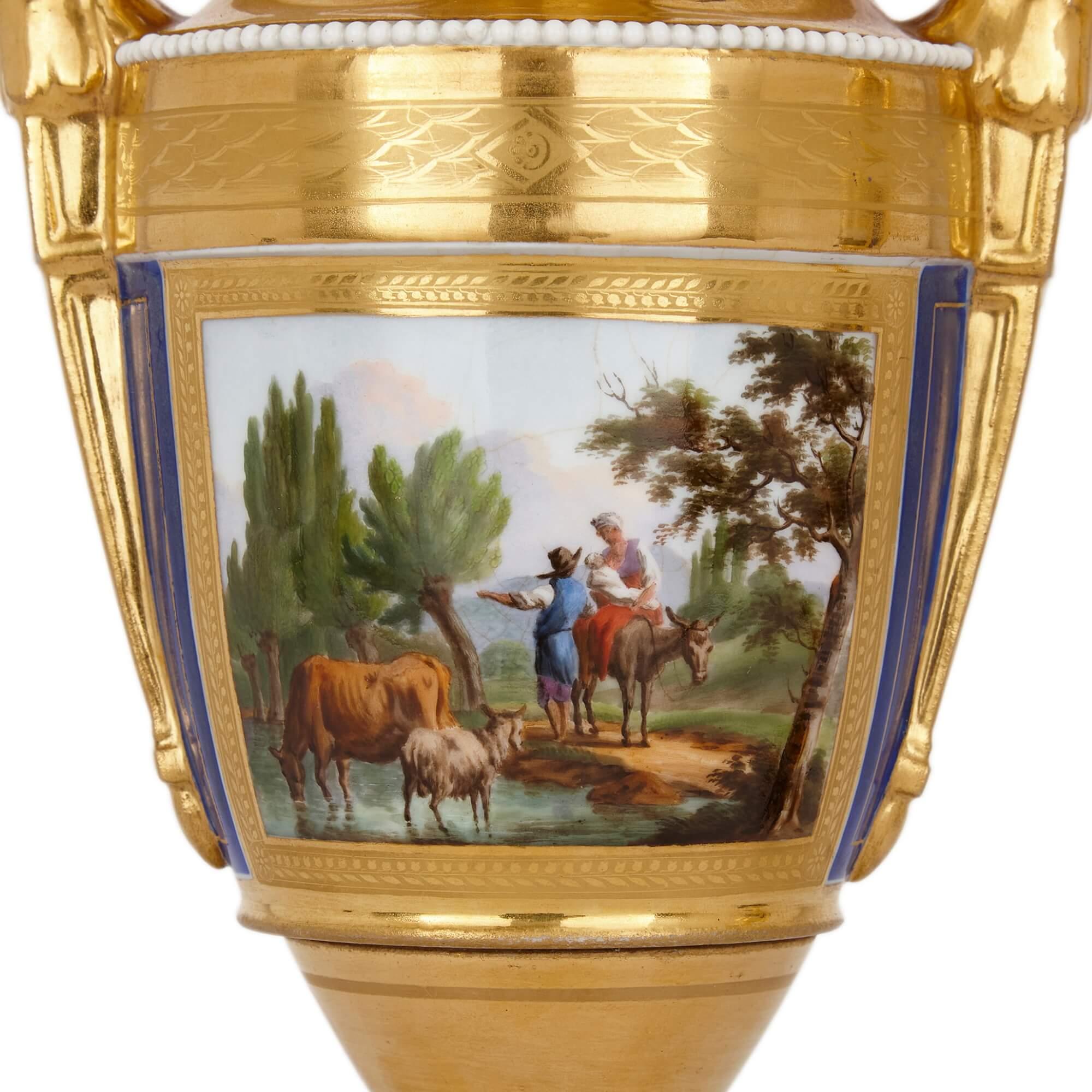 Pair of Neoclassical Paris Porcelain Two-Handled Oviform Vases at 1stDibs
