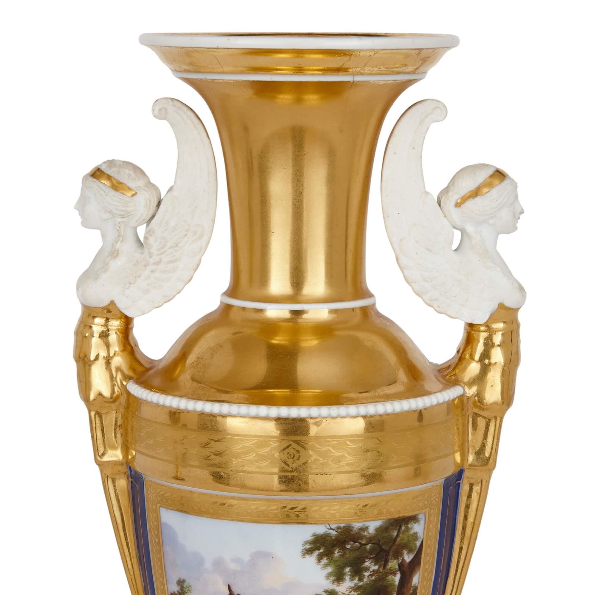 Pair of Neoclassical Paris Porcelain Two-Handled Oviform Vases at 1stDibs
