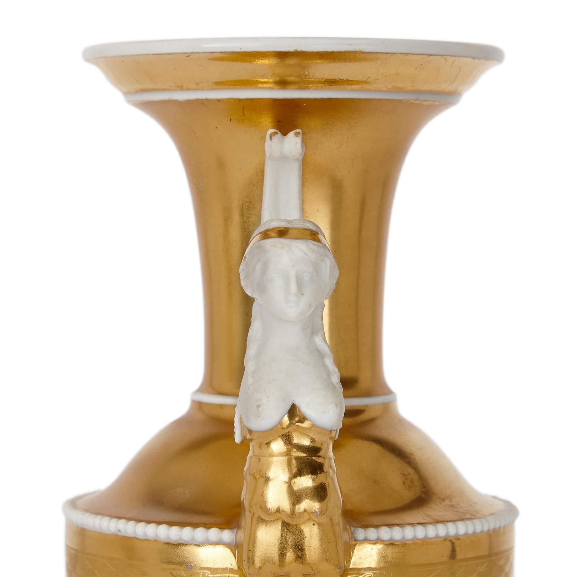 Pair of Neoclassical Paris Porcelain Two-Handled Oviform Vases at 1stDibs