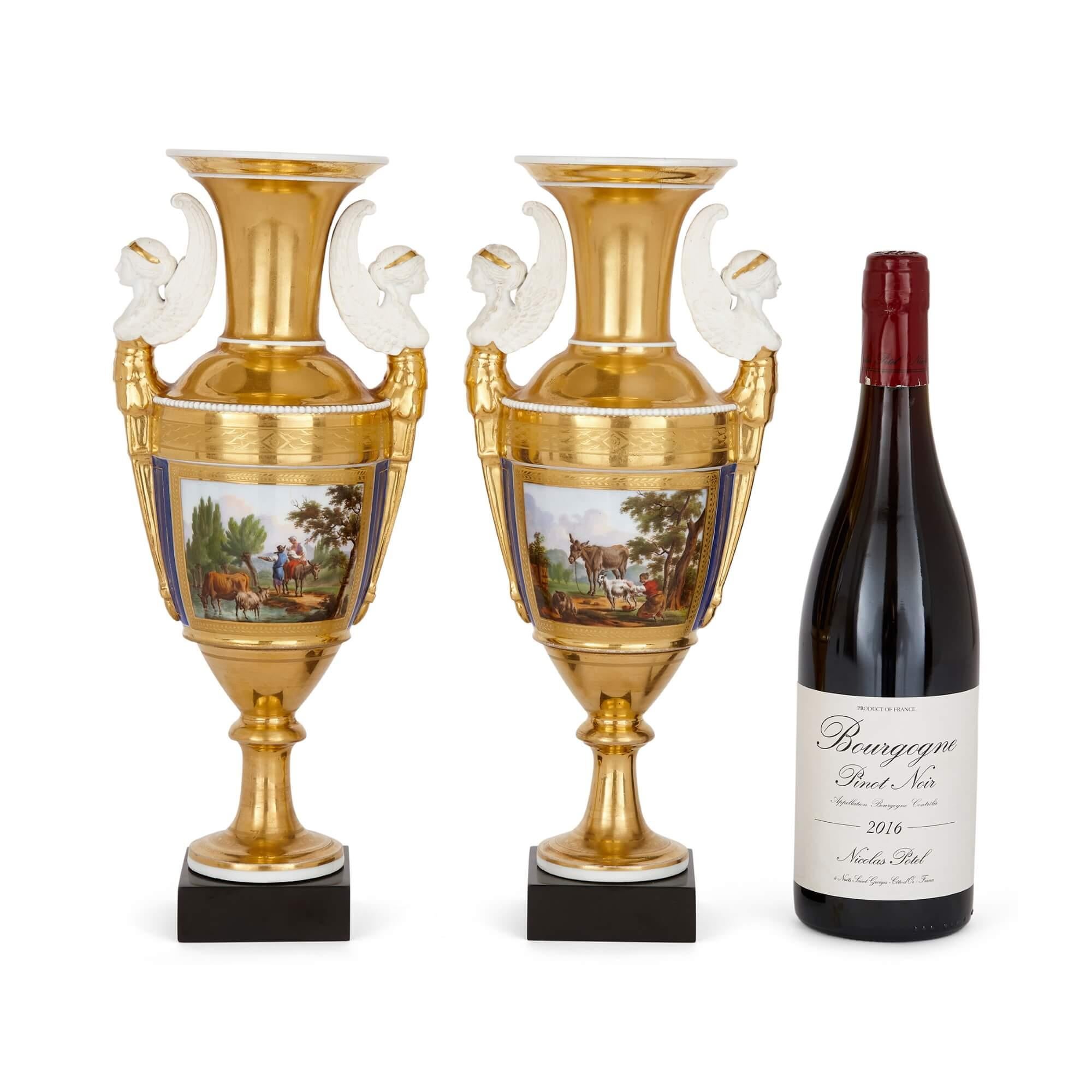 Pair of Neoclassical Paris Porcelain Two-Handled Oviform Vases at 1stDibs