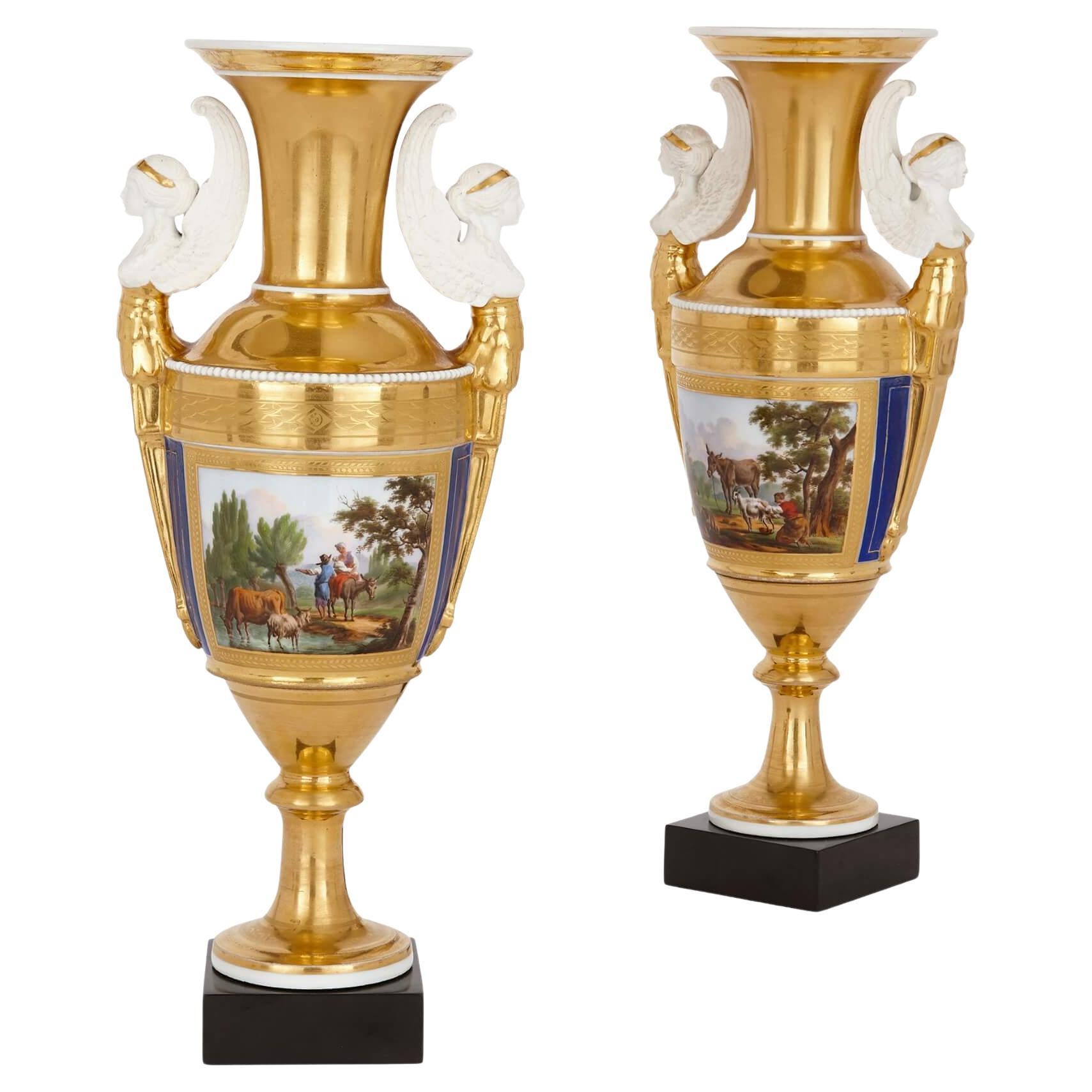 Two Italian Ceramic Neoclassic Empire Vases For Sale at 1stDibs