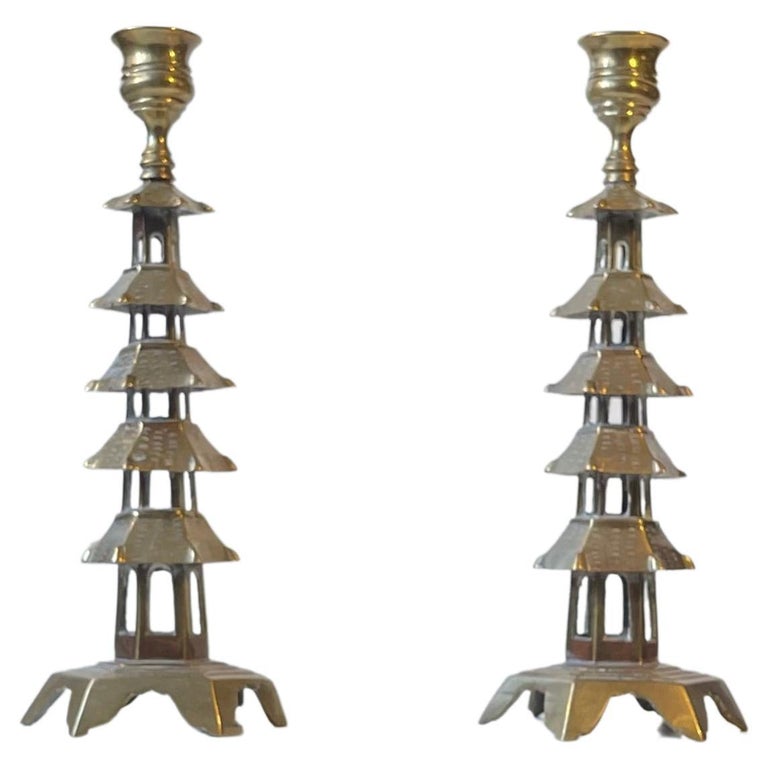 Pair of Old Chinese Pagoda Candlesticks in Brass For Sale at 1stDibs
