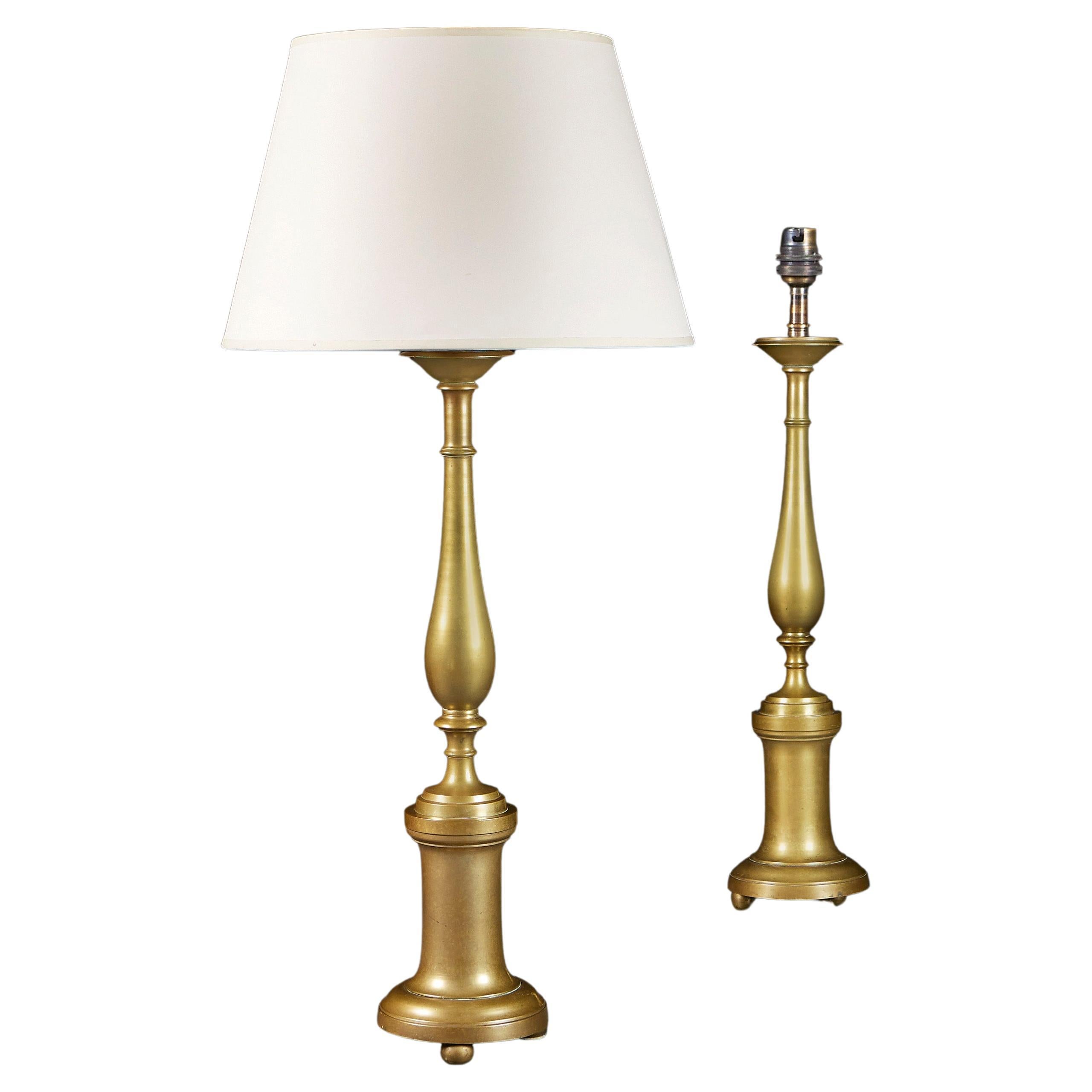 Pair of Antique Brass Candlestick Lamps For Sale at 1stDibs