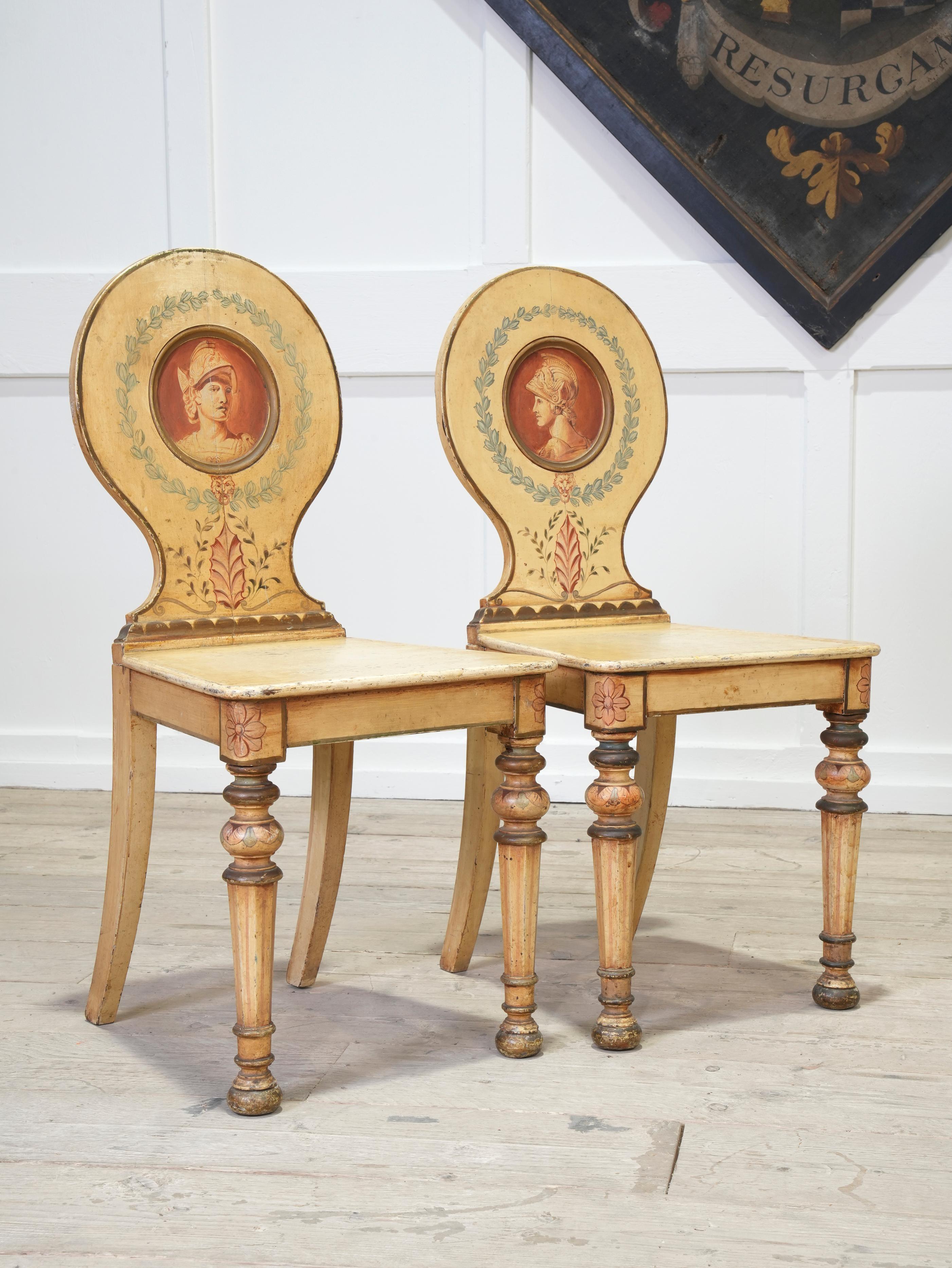 A Pair of Painted 19th Century Hall Chairs For Sale at 1stDibs