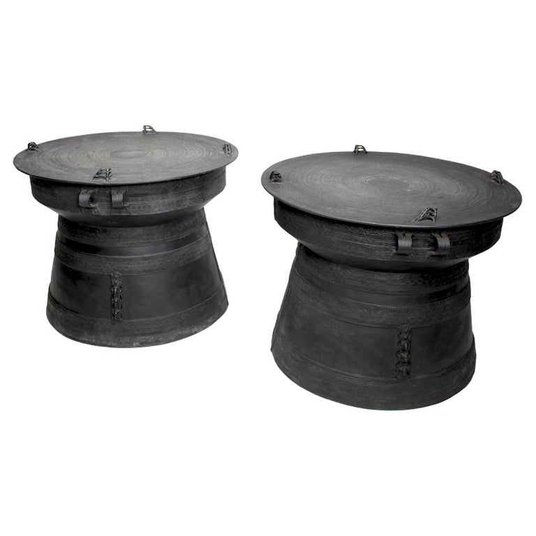 Pair of Patinated Metal Rain Drums, Patio Side Tables at 1stDibs