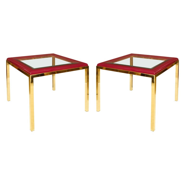 Plum Leather, Brass and Glass Midcentury Side Table For Sale at 1stDibs