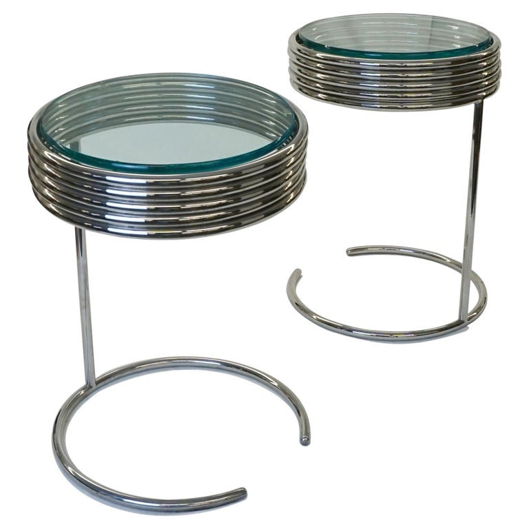 Pair of Polished Chrome and Glass Side Tables For Sale at 1stDibs