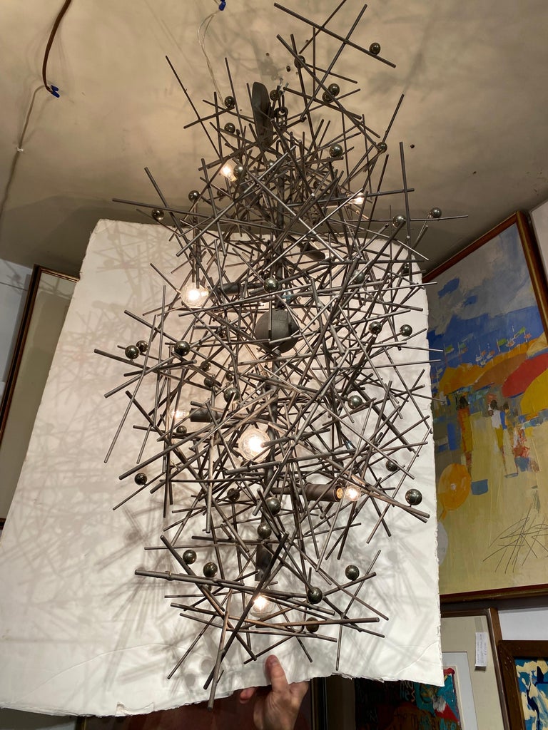 Pair of Post Modern Brutalist Abstract Gun Metal Gray Chandeliers For ...
