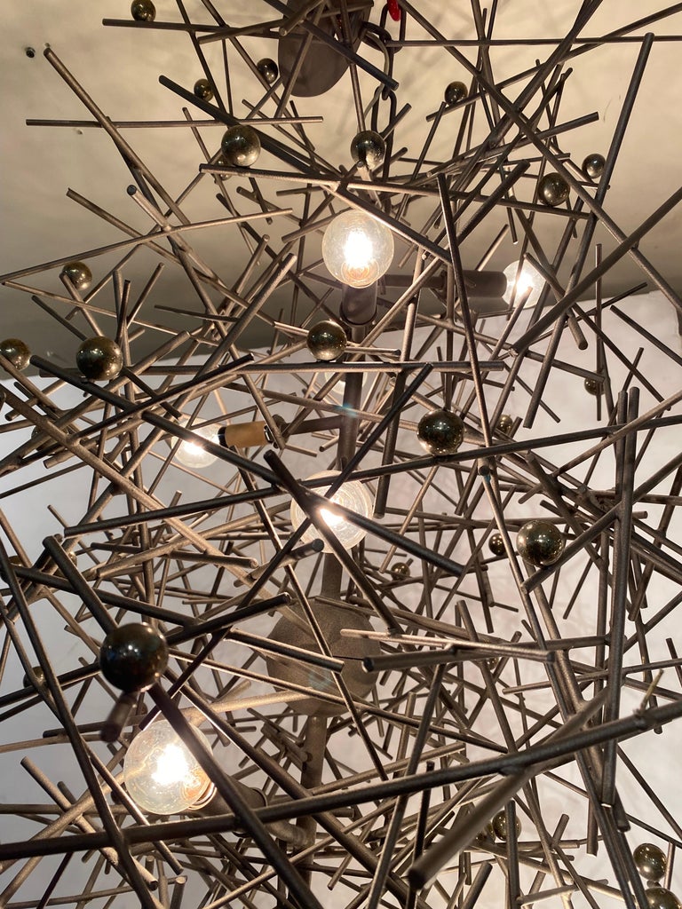 Pair of Post Modern Brutalist Abstract Gun Metal Gray Chandeliers For ...