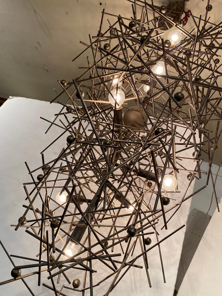 Pair of Post Modern Brutalist Abstract Gun Metal Gray Chandeliers For ...