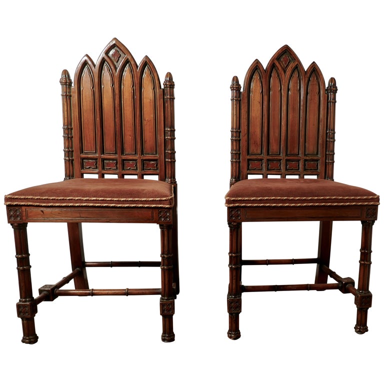 Pair of Pugin Style Arts and Crafts Carved Oak Hall Chairs at 1stDibs