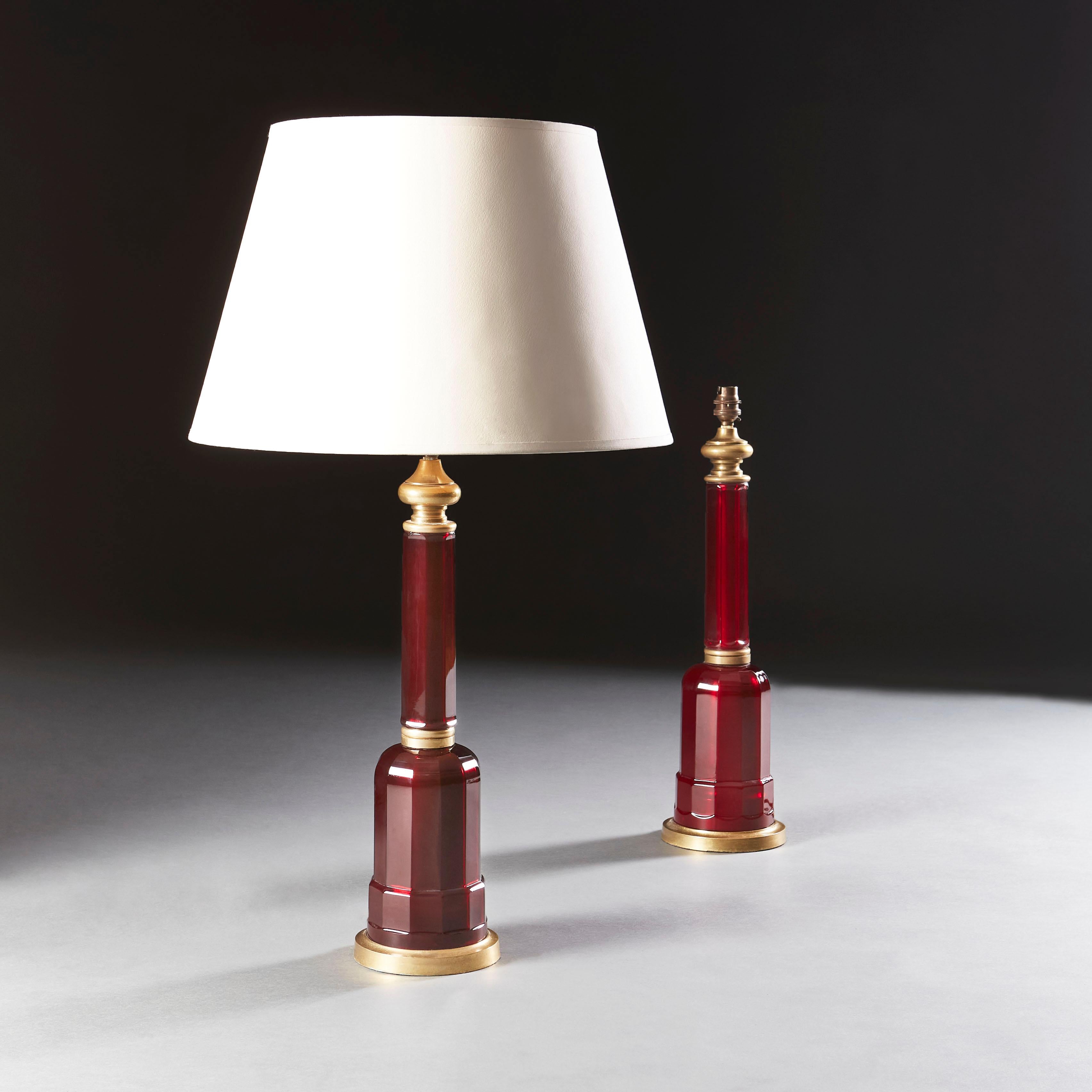 Pair of Red Glass Column Lamps at 1stDibs