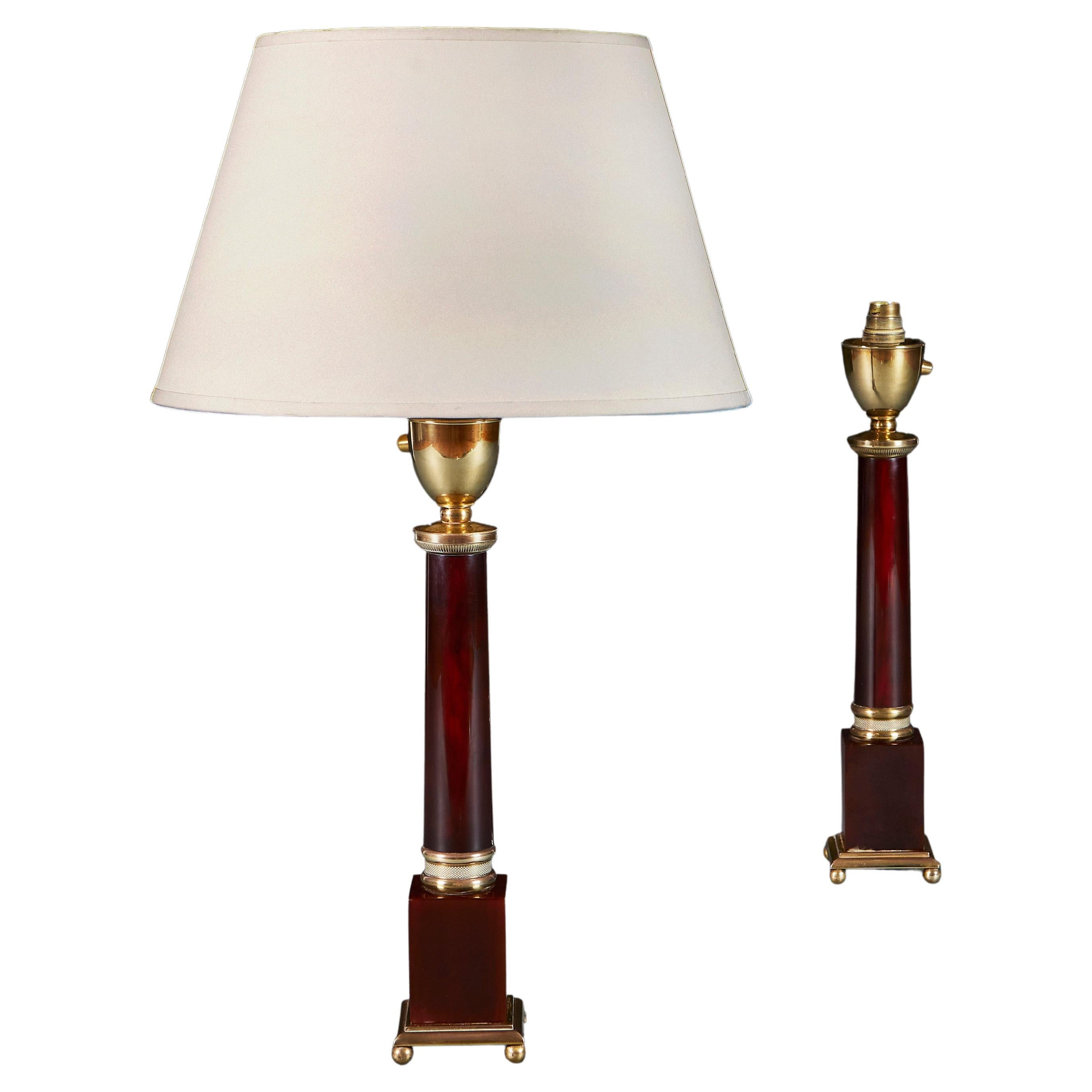 A Pair of Red Lucite Column Lamps For Sale at 1stDibs