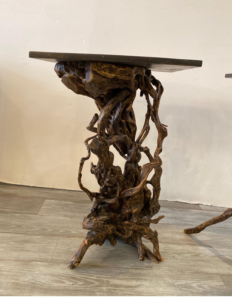 Pair of Root Wood and Bronze Side Tables For Sale at 1stDibs