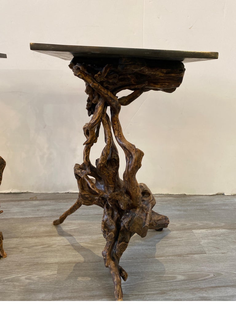 Pair of Root Wood and Bronze Side Tables For Sale at 1stDibs
